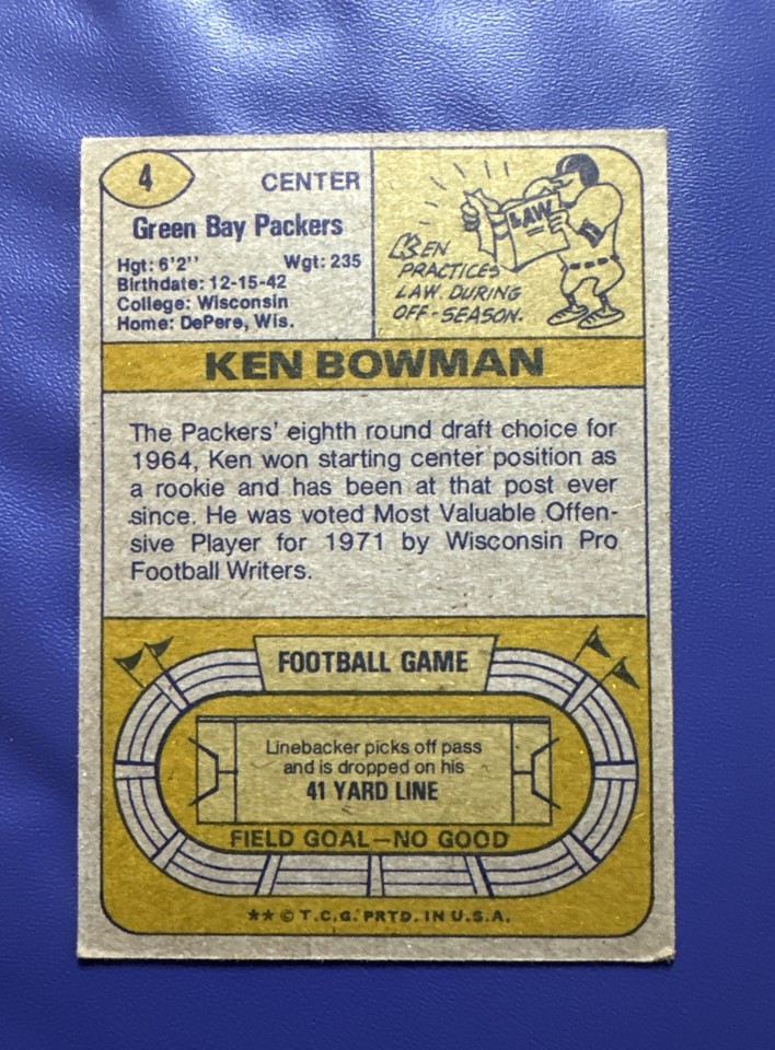 1974 TOPPS FOOTBALL #4 KEN BOWMAN GREEN BAY PACKERS CENTER *FREE ...