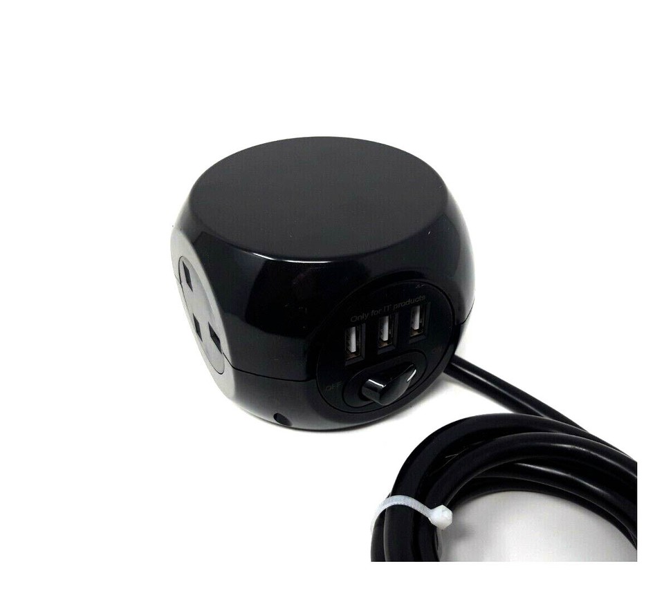 3 Way Cube Power Socket 3 USB Ports & 1.4m Electric Extension Lead ...