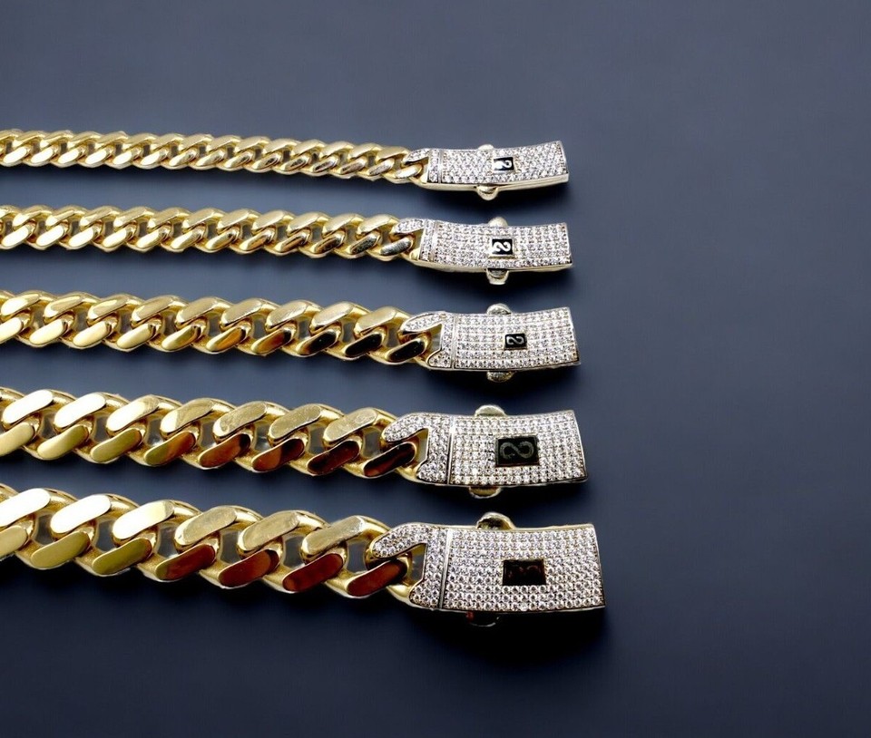 14K Yellow Gold Monaco Miami Cuban Link Chain Necklace CZ Pave 5mm-13mm ...