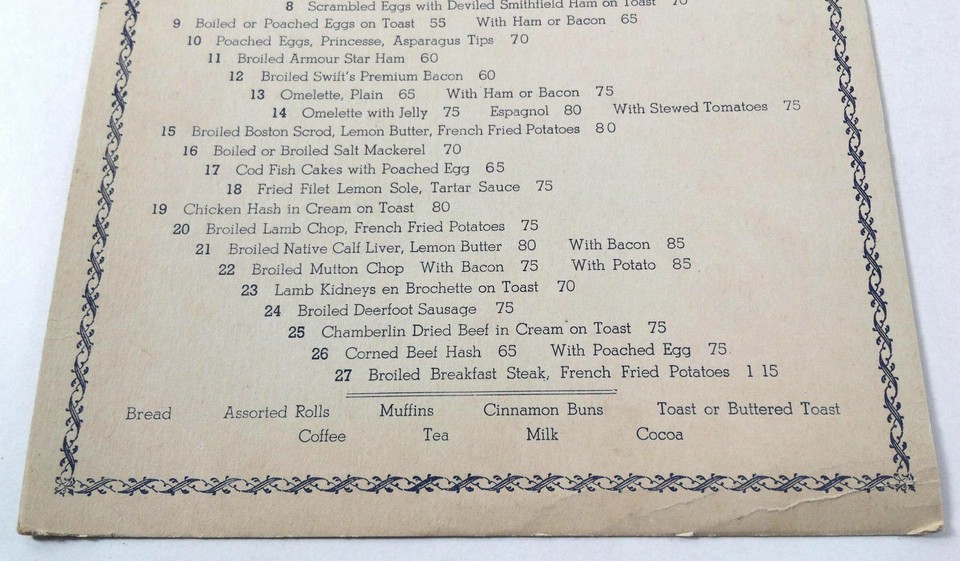 1940's Vintage Breakfast Room Service Menu Card HOTEL BOND Hartford ...