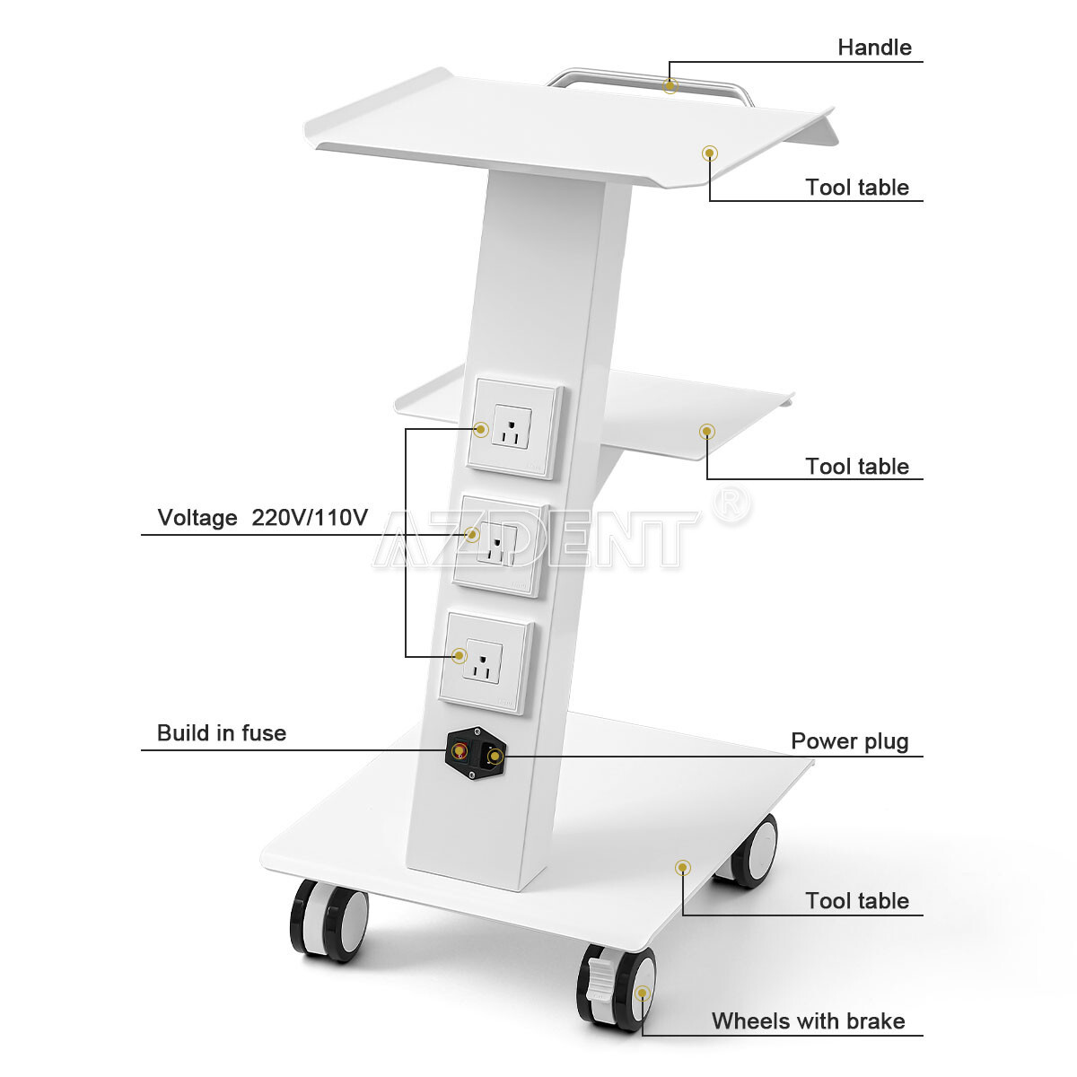AZDENT Dental Mobile Trolley Cart Built-in Socket Medical Cart 3 Layers ...