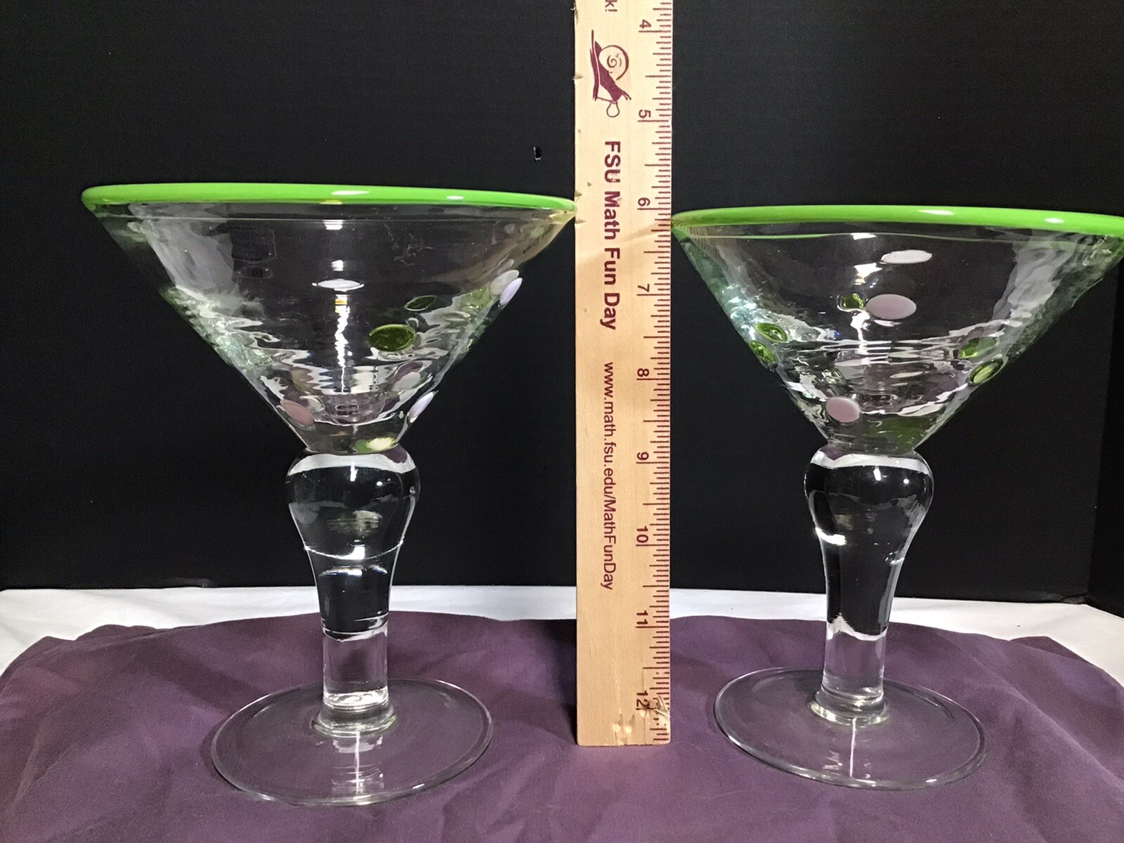 Harry and David Hand Blown Martini Green Rim White Poka Dots Glasses ...