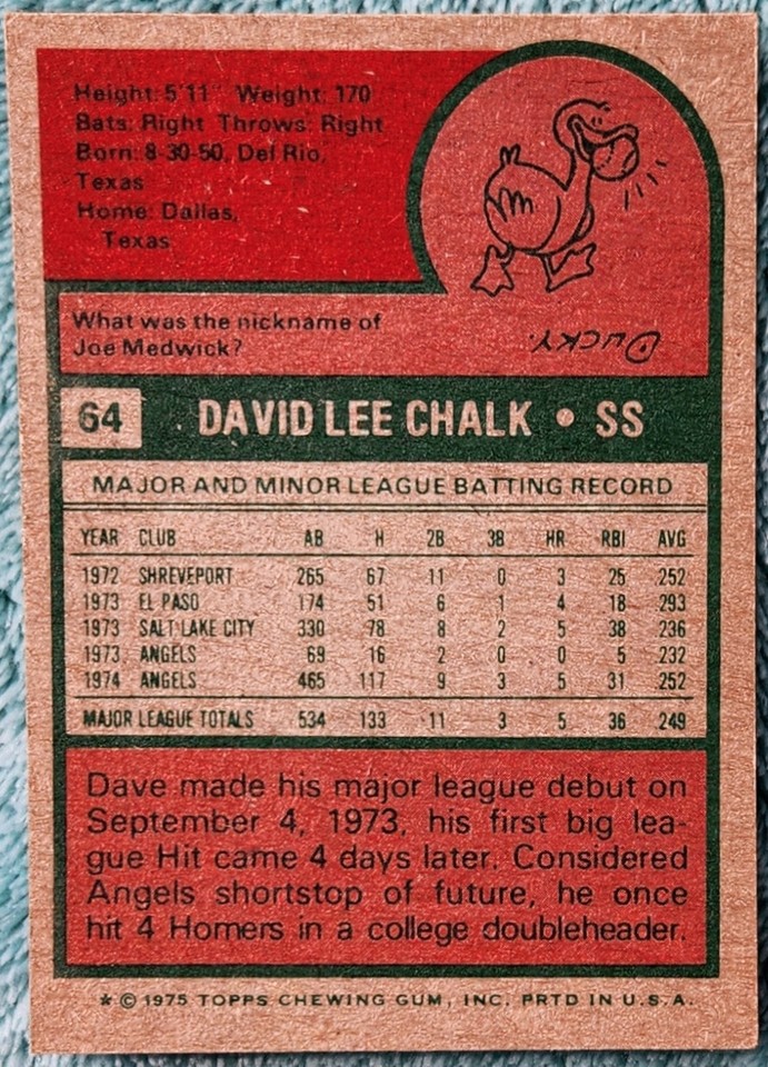 Dave Chalk California Angels 1975 Topps Mini Card #64 Ex+ | eBay