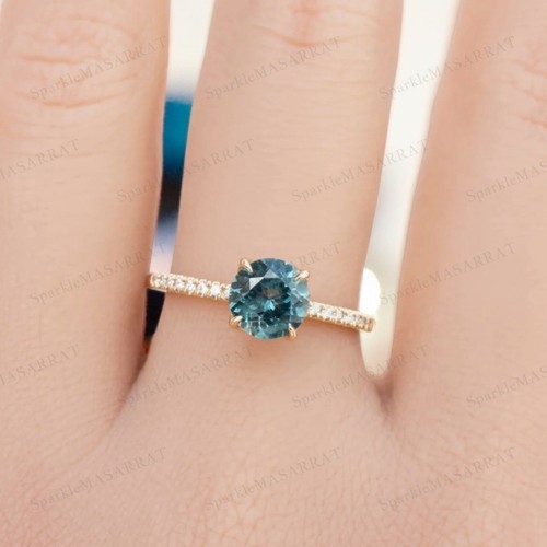 Montana teal sapphire ring diamond vintage sapphire ring round cut teal ...