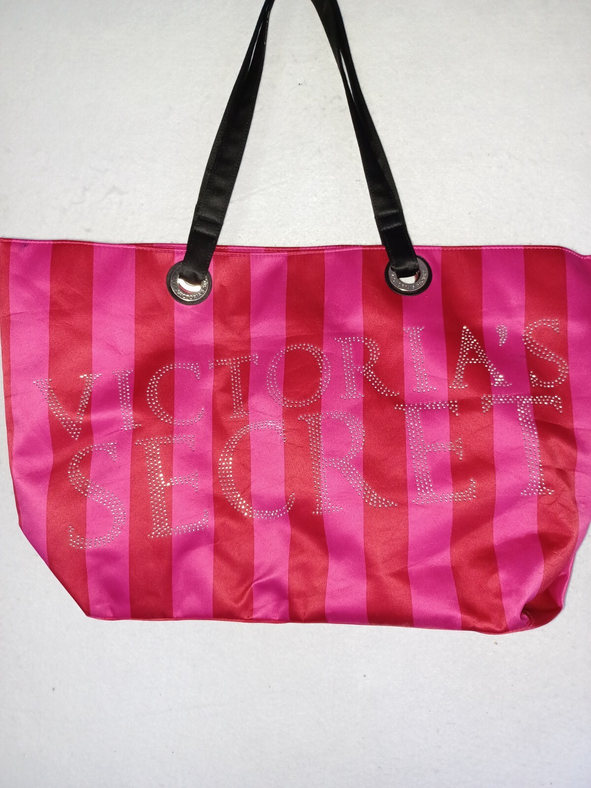 Victoria's Secret Pink Red Satin Striped Rhinestone Bling Tote ...