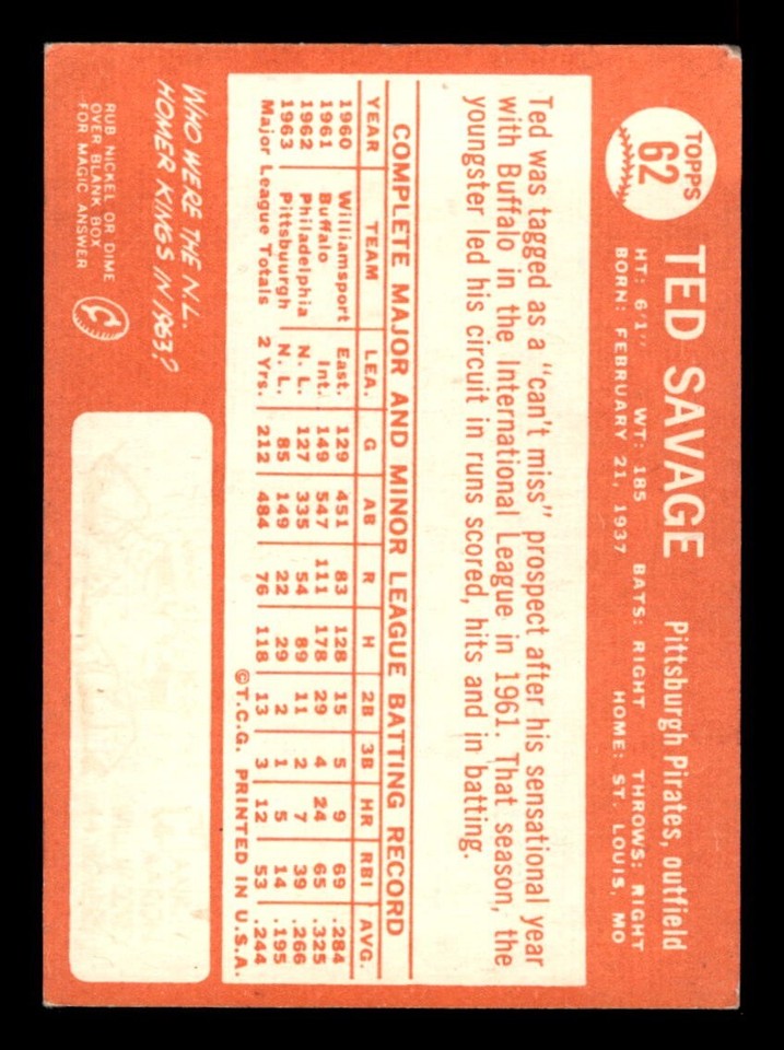 1964 Topps Baseball #62 Ted Savage EX *e1 | eBay