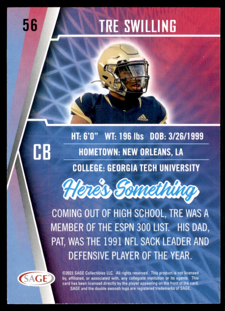 Tre Swilling 2022 SAGE HIT Rookie RC Card ! #56 Georgia Tech Yellow ...
