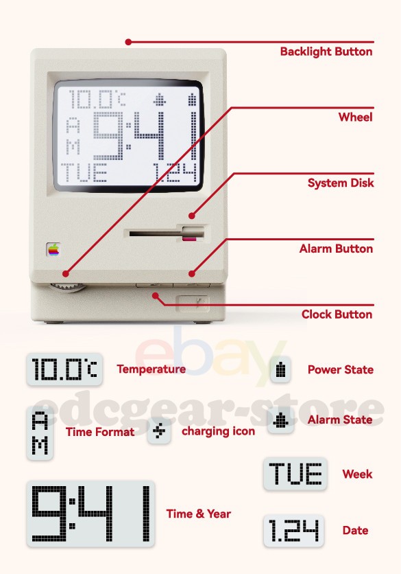 Retro Macintosh 1984 Design Digital Alarm Clock Maclock Clock TypeC Rechargeable | eBay