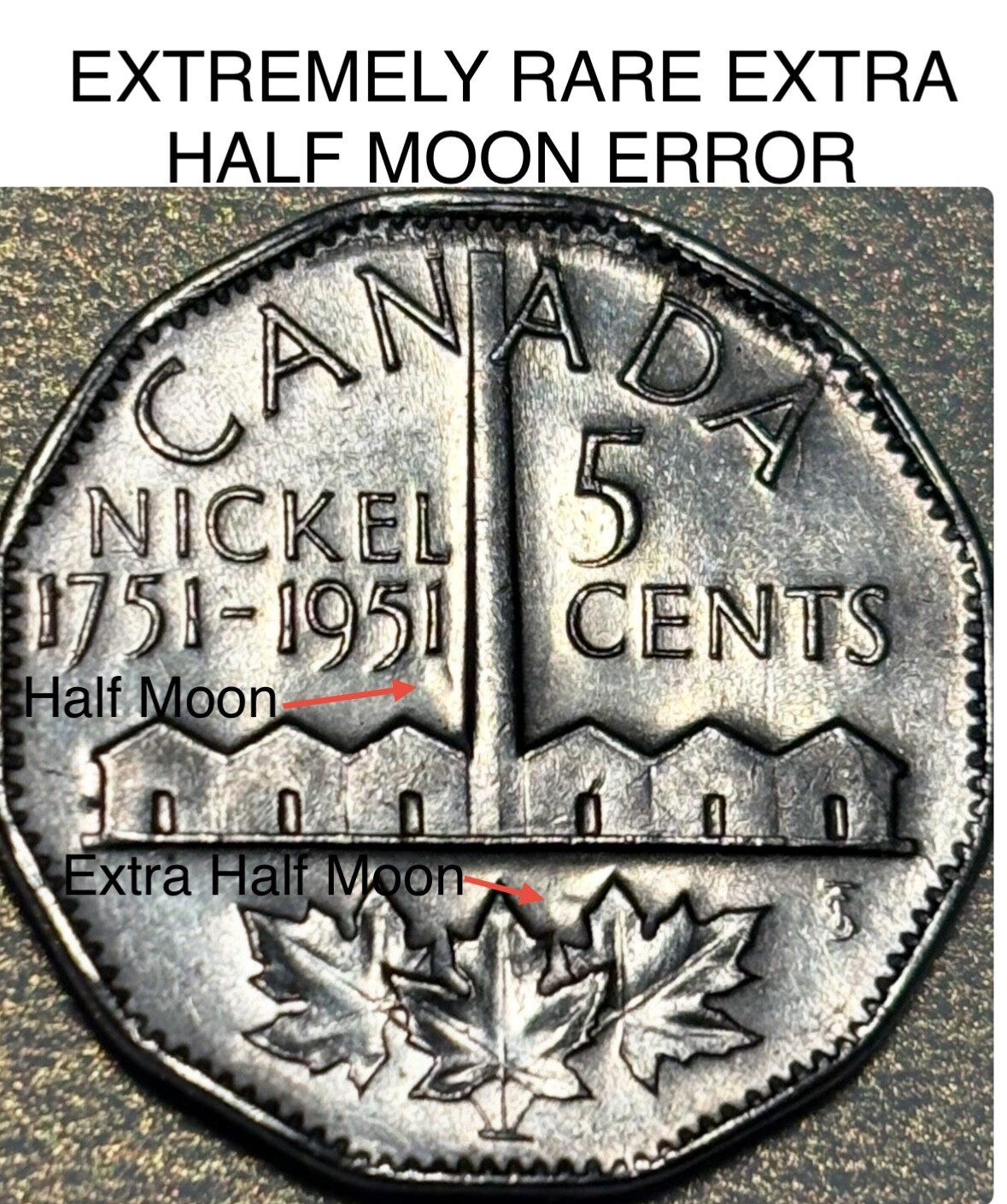 Rare 1951 Canada 5 Cents Half Moon with Extra Half Moon + Double ...