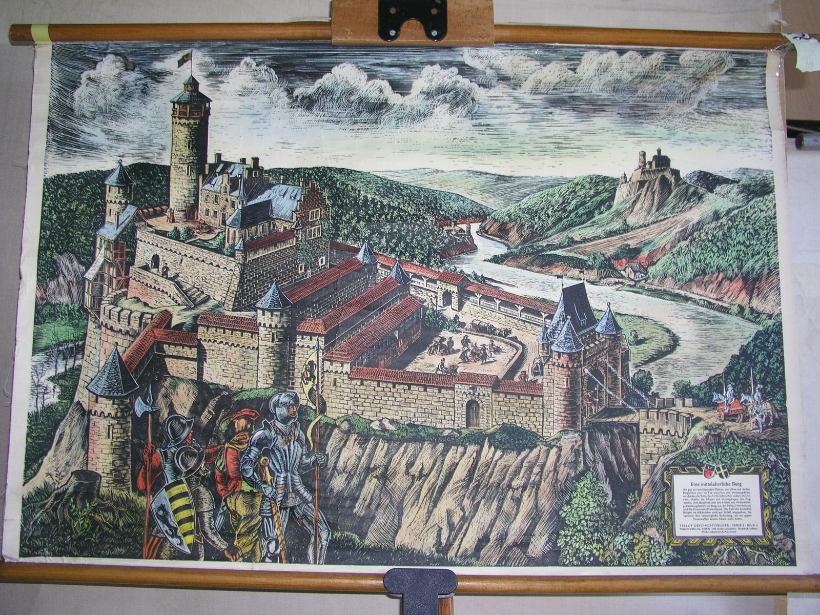 Mittelalter Burg Wohnsitze der Ritter Verteidigung ~1951 Schul-Wandbild ...