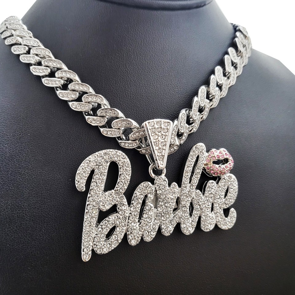 Women Gold Plated Large Barbie Charm & Iced Cubic Zirconia Cuban Chain ...