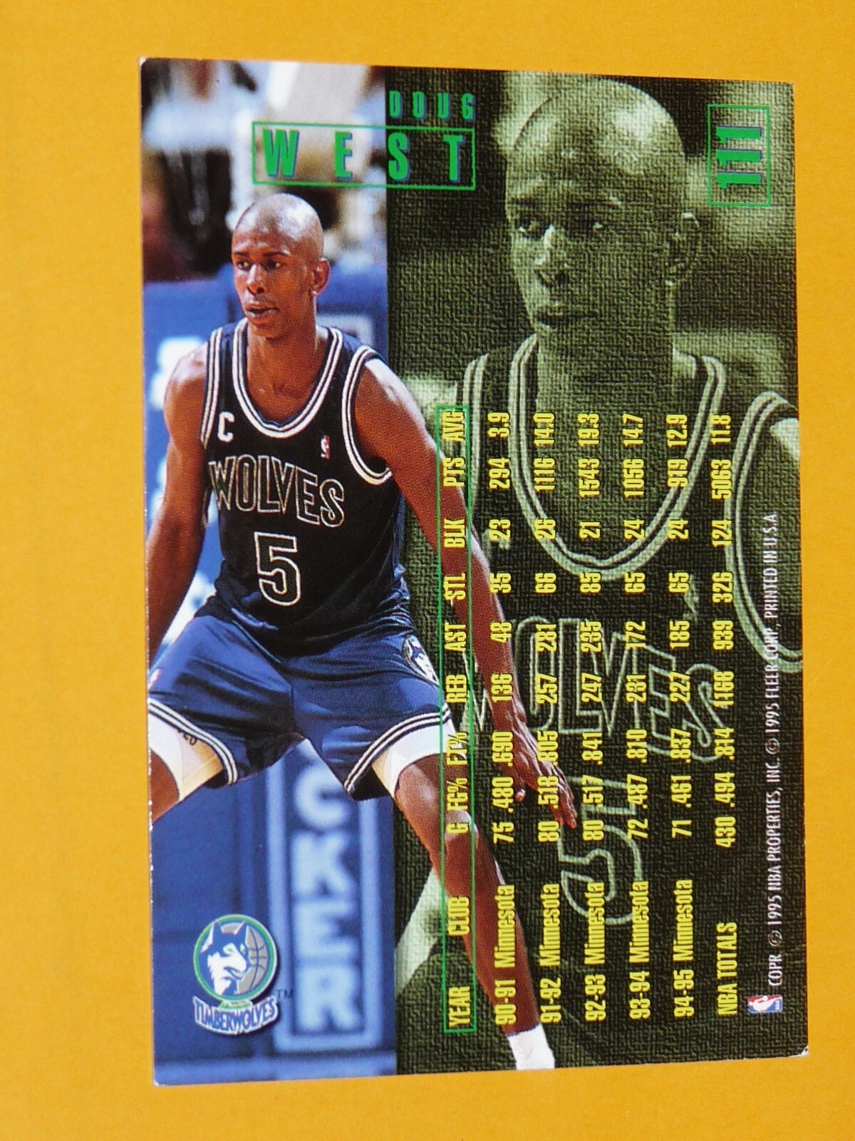 DOUG WEST MINNESOTA TIMBERWOLVES USA 1995 NBA BASKETBALL FLEER CARD 95 ...