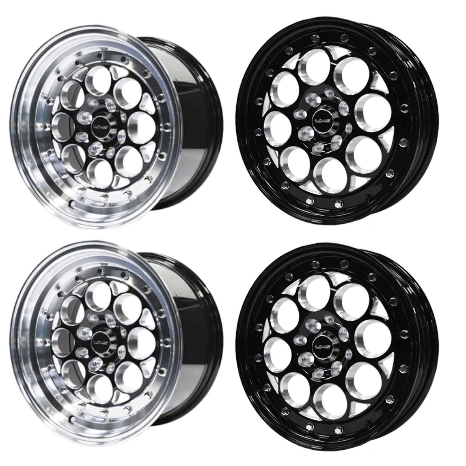 VMS Racing Polished & Black Lip Revolver Wheels Pack 15x3.5 & 13x8 ...