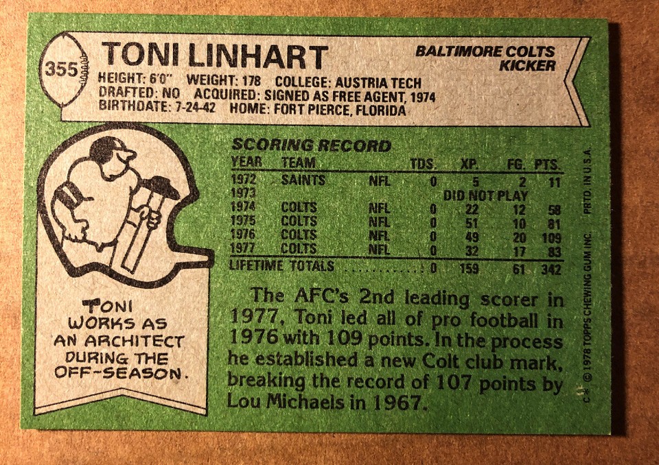 1978 Topps Football Card #355, Toni Linhart, MINT (BIGJ’S) Baltimore ...
