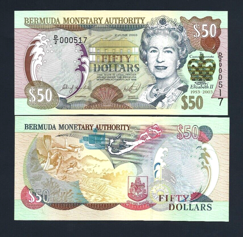 BERMUDA 50 DOLLARS P-56 1953-2003 Low # Queen Elizabeth COMMEMORATIVE ...