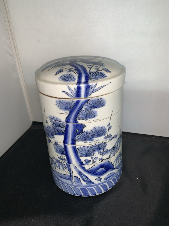 Antique Asian Porcelain 5 Pc Blue White Stacking Boxes Lunch Box | eBay