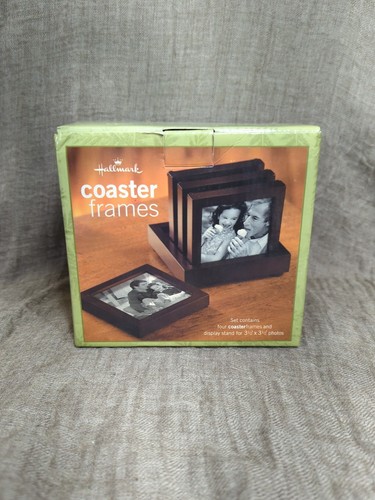 NIB Vtg Hallmark 4” Square 4 Wood Glass Coaster Frames Display Stand 5 ...
