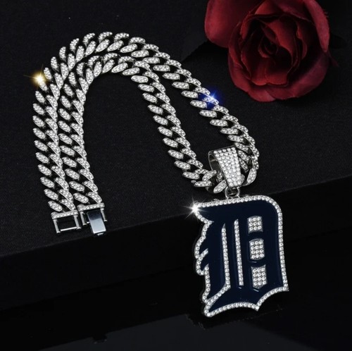 DETROIT TIGERS NECKLACE Silver Bling Baseball Pendant /24" Cuban Chain ...