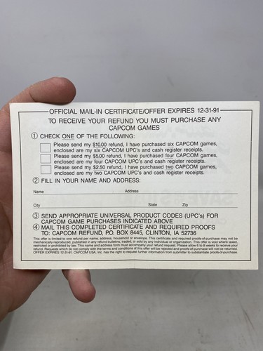 CAPTAIN COMMANDO Nintendo NES CAPCOM Refund Promo Mail-In Insert CAP ...