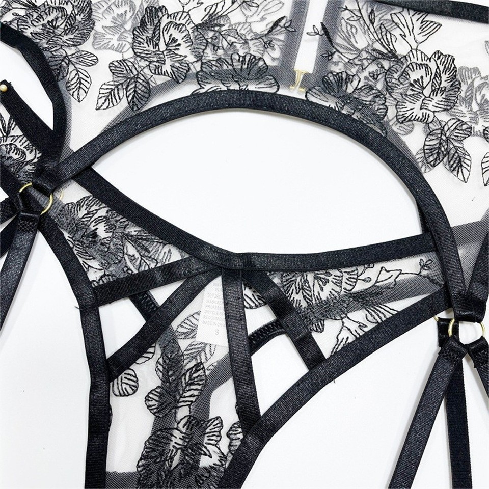 Seductive Lingerie Set Black Bra and Thong Garters with See through ...