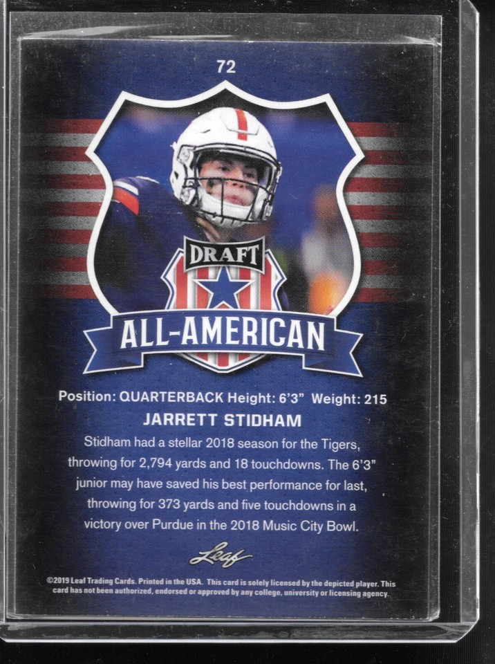 2019 Leaf Draft Jarrett Stidham Rookie All-American Auburn Tigers #72 ...