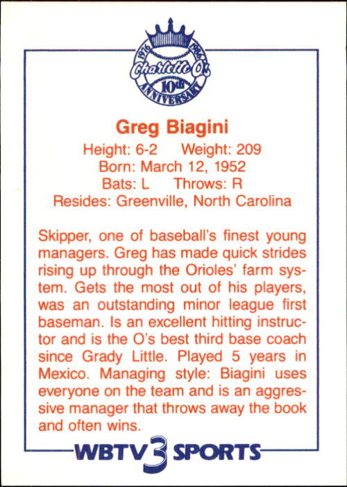 1986 Charlotte Orioles WBTV #3 Greg Biagini Greenville North Carolina ...