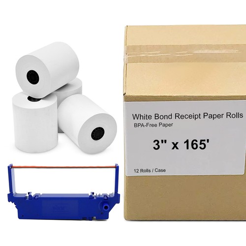 12 Roll Case of 3" x 165' Clover White Bond Receipt Roll Paper for Star ...