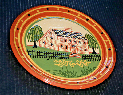 Redware Clay Pottery Multicolor display plate depicting house design ...
