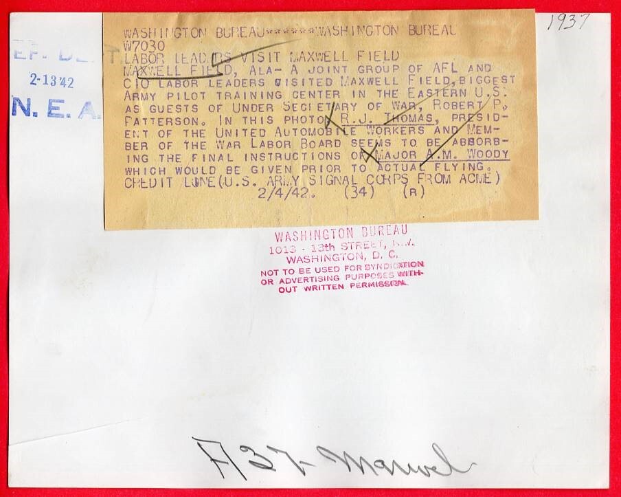 1942 UAW President R. J. Thomas at Maxwell Field USAAF 7x9 Original ...
