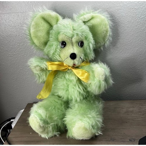 VTG 50s Rushton Co. Green Plush Mouse 18" Yellow Bow Stuffed, ATL Tag ...