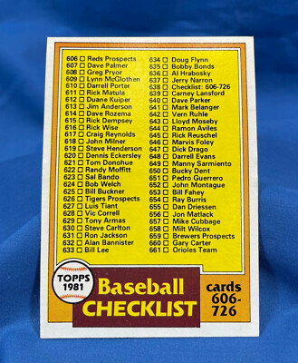1981 Topps Baseball #638 Checklist 606-726 Condition is NEAR MINT to EX ...