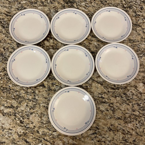 Corelle COUNTRY VIOLETS Set of 7 BREAD & BUTTER PLATES Blue Stripe ...
