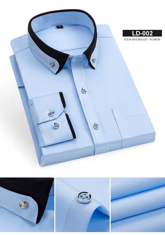 Mens Long Sleeves Dress Shirts Formal No Ironing Elastic Business ...