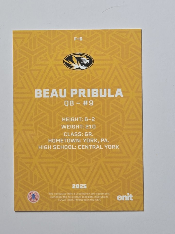 BEAU PRIBULA 2025 ONIT Missouri Tigers Football Fusion Dark #F-6 | eBay