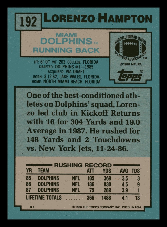 1988 Topps Lorenzo Hampton #192 Miami Dolphins Mint | eBay