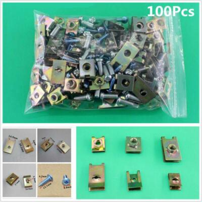 100x U Type Metal Clips Car Body Door Panel Trim Fasteners Fixed Screws ...