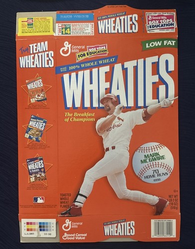 1998 Mark McGwire 70 Home Runs Wheaties Cereal Box Empty Approx 16”x 11 ...