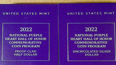 SPECIAL 2022 W PURPLE HEART PROOF & UNCL SILVER DOLLAR COIN SET US MINT ...