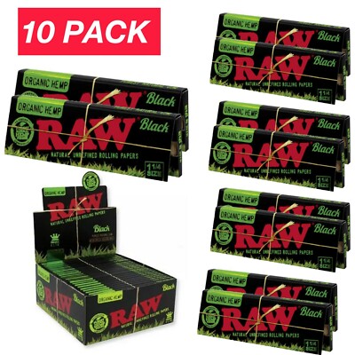 New 10 PACKS RAW BLACK ORGANIC HEMP Rolling Papers 1 1/4 Size 50 leaves ...