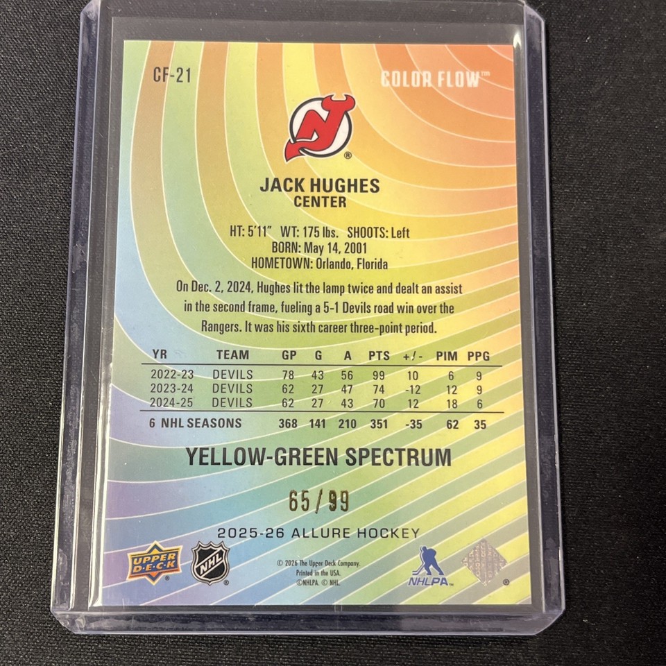 Jack Hughes 2025-26 UD Allure #CF-21 Color Flow Yellow-Green Spectrum ...