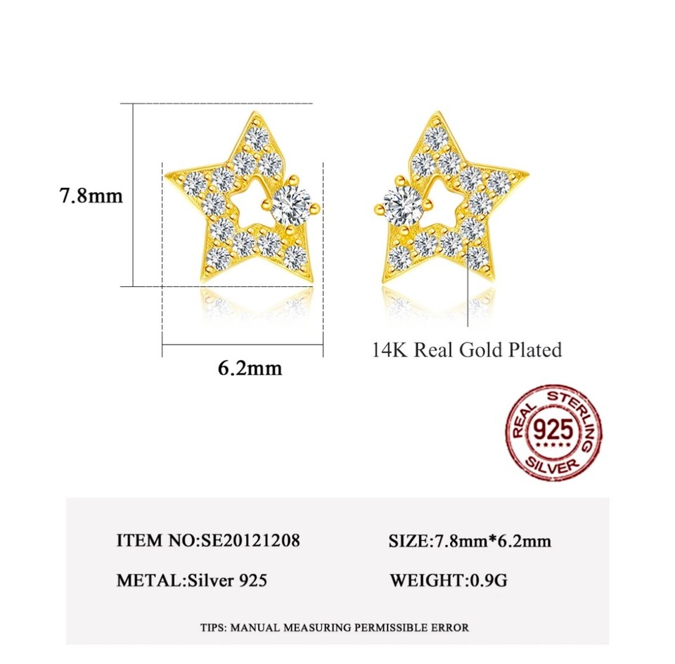 Star Cubic Zirconia Stud Earrings 14k Gold Plated Sterling Silver 925 ...