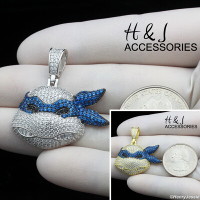 MEN 925 STERLING SILVER ICY CZ GOLD PLATED/SILVER NINJA BLUE TURTLE ...