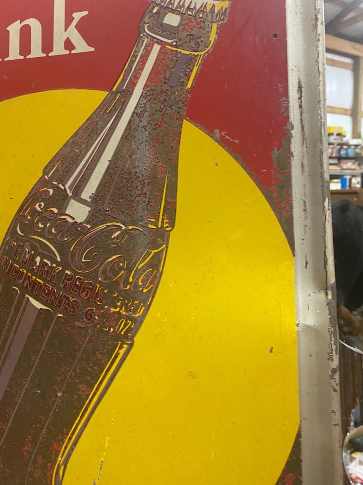 Vintage 54" x 18" Pause Drink Coca-Cola COKE Vertical Metal Sign Yellow ...