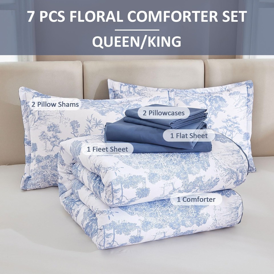 Blue Comforter Set Queen, 7 Pieces Bed in a Bag Queen Size Botanical ...