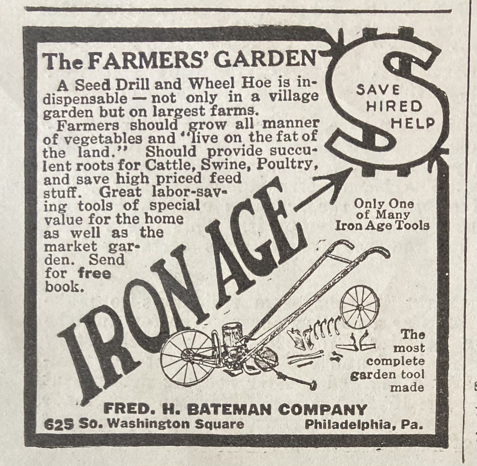 1926 AD.(XH4)~FRED H. BATEMAN CO. PHIL., PA. IRON AGE SEED DRILL WHEEL ...
