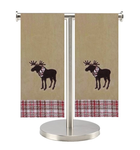 Moose Bath Tan Hand Towels, 2 Piece, Appliqued Embroidery Plaid Border ...