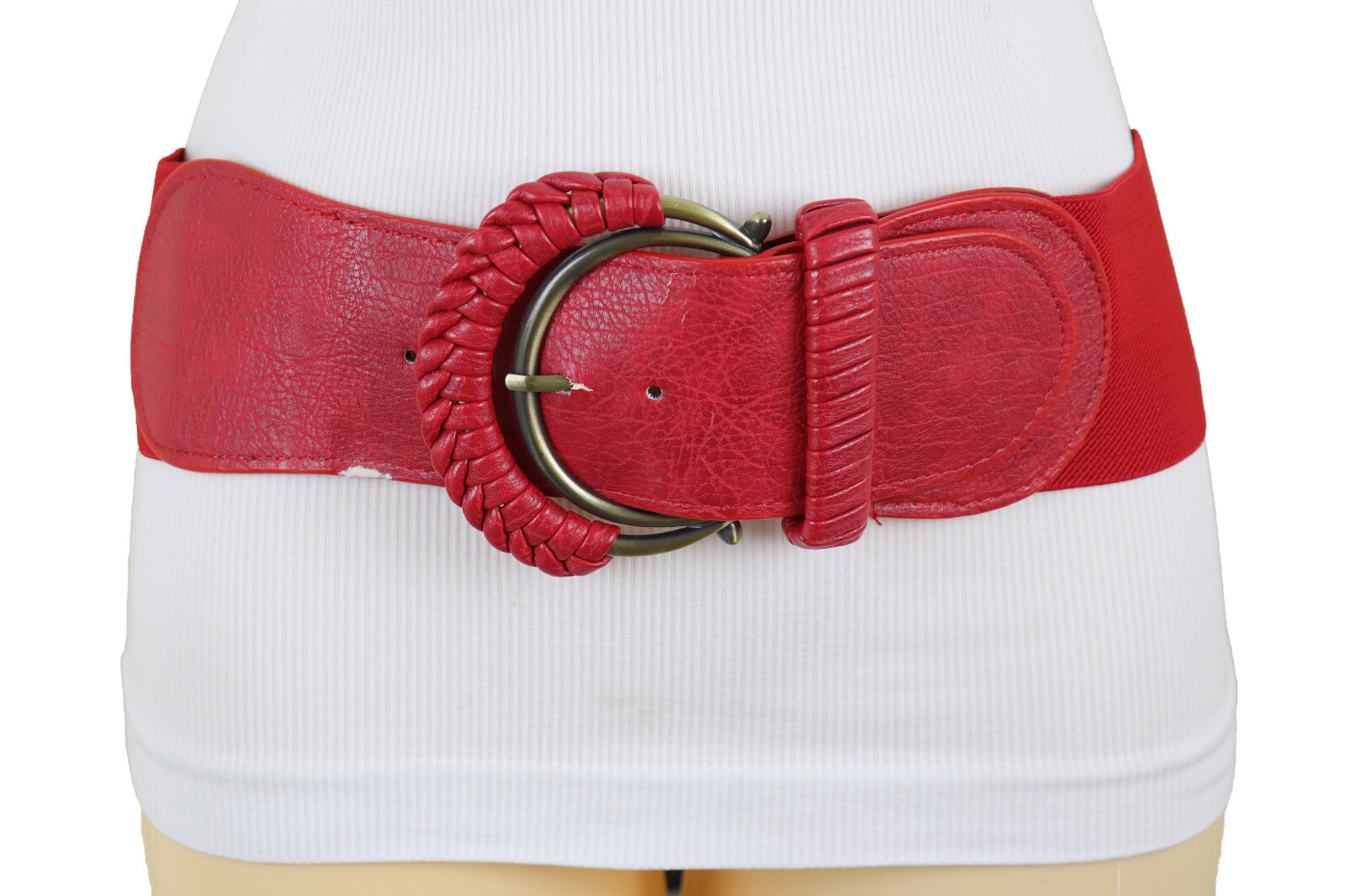 Women Red Elastic Waistband Belt Hip High Waist Gold Buckle Adjustable ...