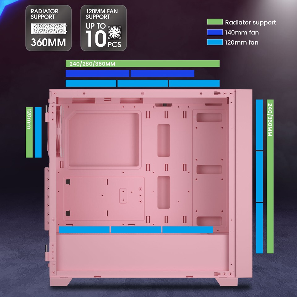 VETROO AL800 Pink Mid Tower PC Computer Case E-ATX/ATX Tempered Glass ...