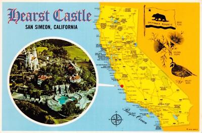 Aerial View Inset Hearst Castle San Simeon California Map 6x4 Postcard ...