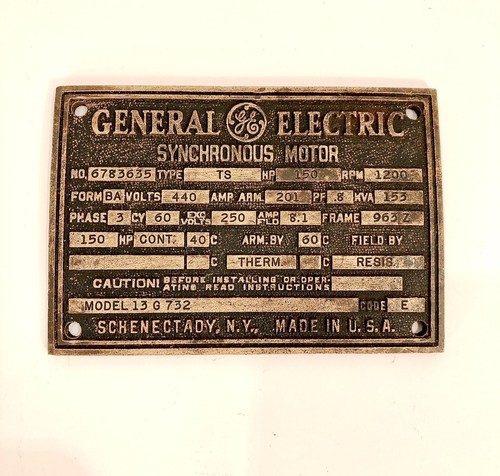 Vintage General Electric Synchronous Motor ID Name Plate Thick Brass ...